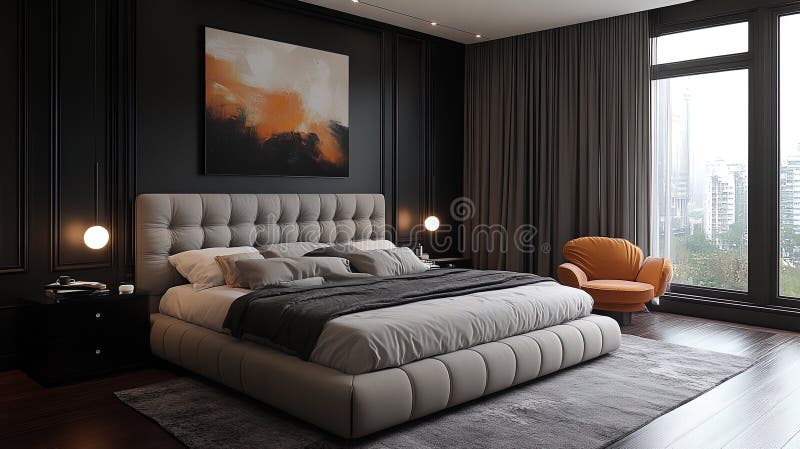 Modern and Luxurious Bedroom Interior with City View Featuring a Large ...