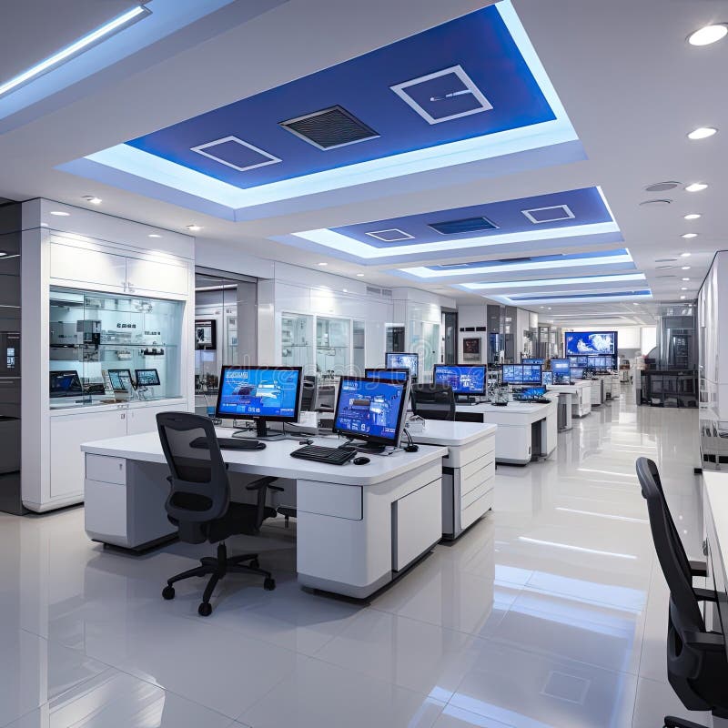 Modern and Luxurious Computer Lab with White Desks and Blue Walls Stock ...