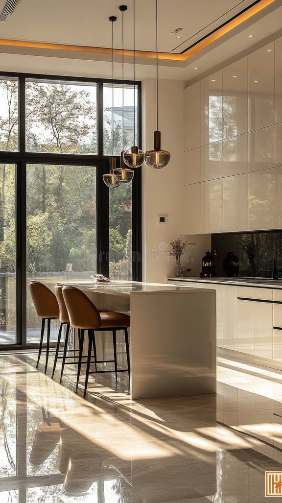 Modern Luxurious Kitchen with Large Windows and Elegant Pendant ...