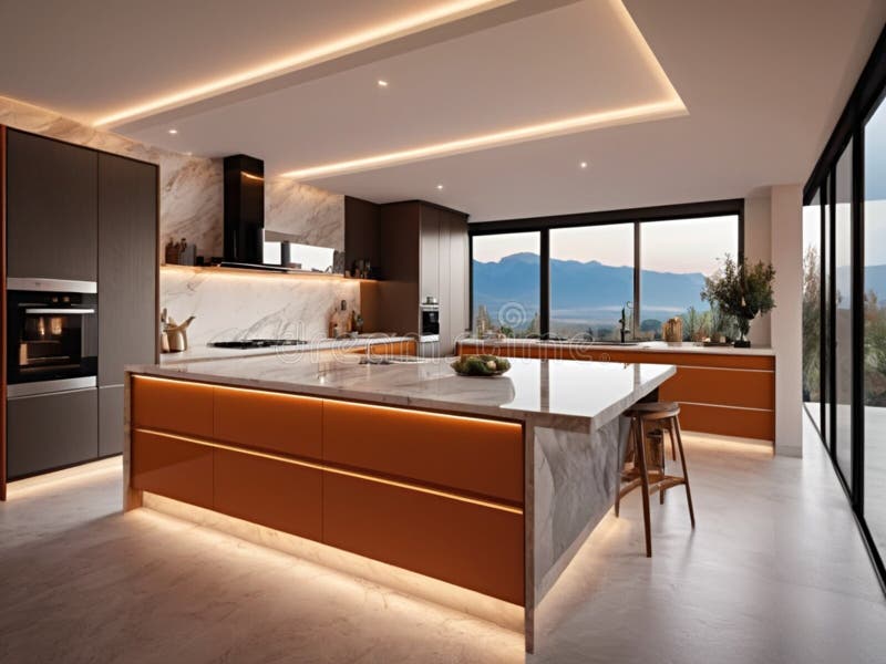 Modern Luxurious Kitchen with LED Lightning and Epic View Outside Stock ...