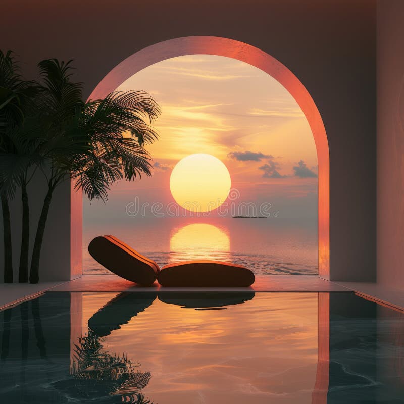 Modern Poolside View with Sunset through Arched Window Stock Image ...