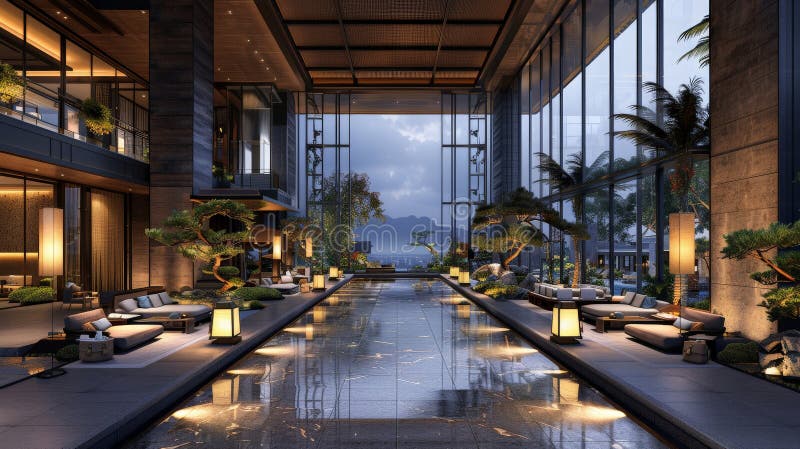 Luxury Resort Interior Design with a Stunning View Stock Illustration ...