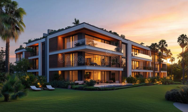 Modern Luxury Apartment Building Sunset View Lush Landscaping Stock ...