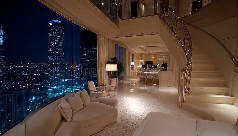 Modern Luxury Apartment Cityscape View with Panoramic Windows, Elegant ...