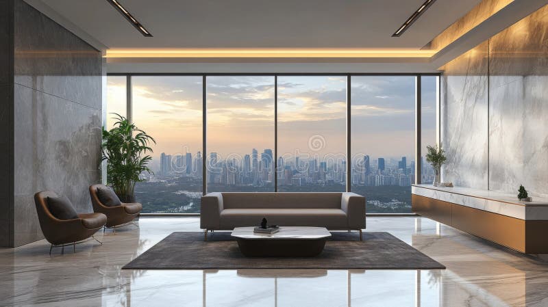 Modern Luxury Apartment Interior with City Sunset View Stock ...