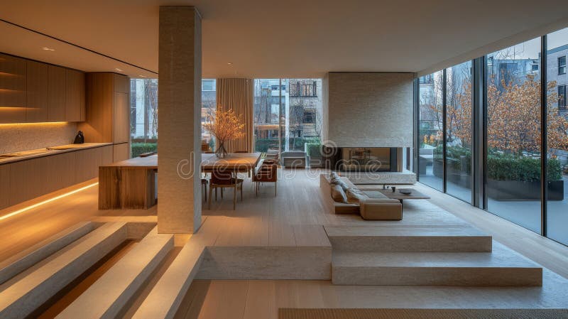 Modern Luxury Apartment Interior Design with Stone Walls Stock ...