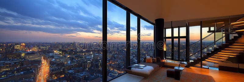 Modern Luxury Apartment Interior with Panoramic City Skyline View at ...