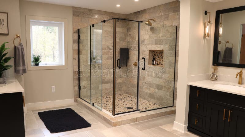 Modern Luxury Bathroom with Frameless Glass Shower and Grey Tile Stock ...