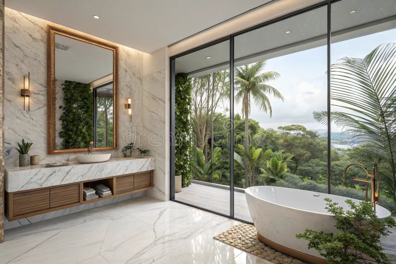 Modern Luxury Bathroom with Tropical Garden View Stock Illustration ...