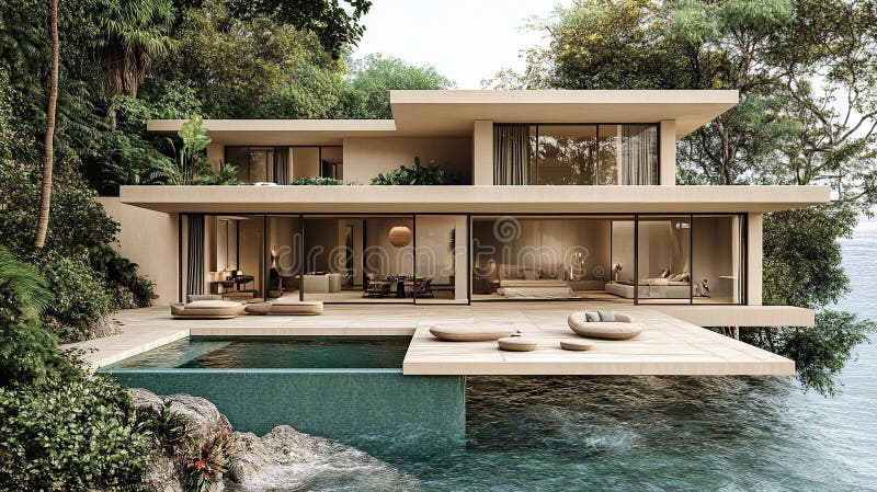 Modern Luxury Beachfront Villa with Infinity Pool Stock Illustration ...