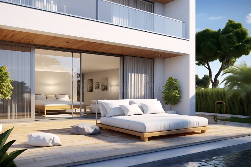 Modern Luxury Bedroom in the Garden with Swimming Pool Stock ...