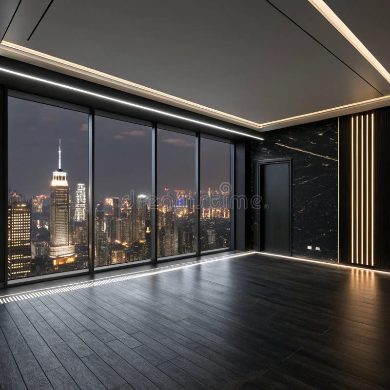 Modern Luxury Black Room with City View Stock Illustration ...