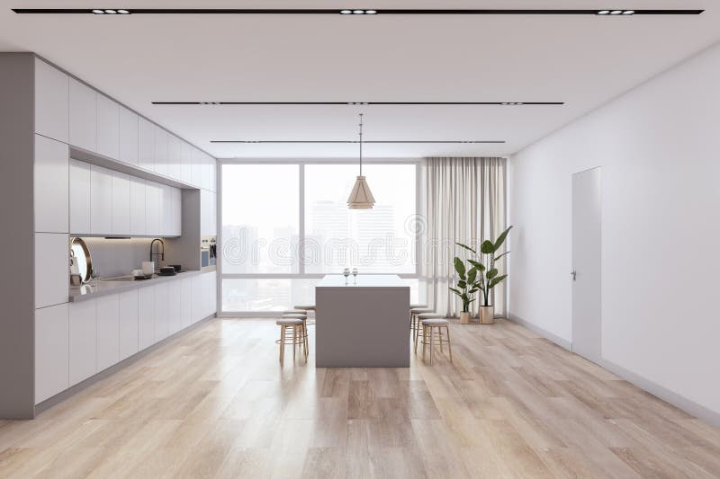 Modern Luxury Bright Kitchen Interior with Wooden Flooring and Window ...