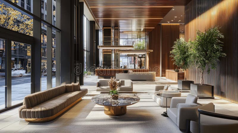 Modern Luxury Building Lobby Interior with Seating, Plants, and Large ...