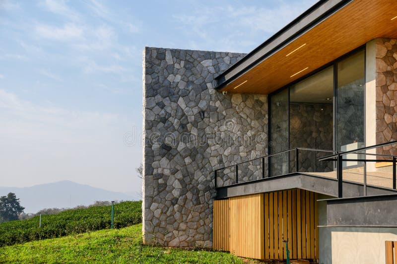 Modern Luxury Building with Wood and Rock on Plantation Stock Photo ...