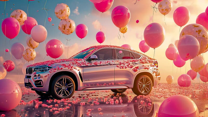 Modern Luxury Car Decorated with Flowers and Balloons Stock ...