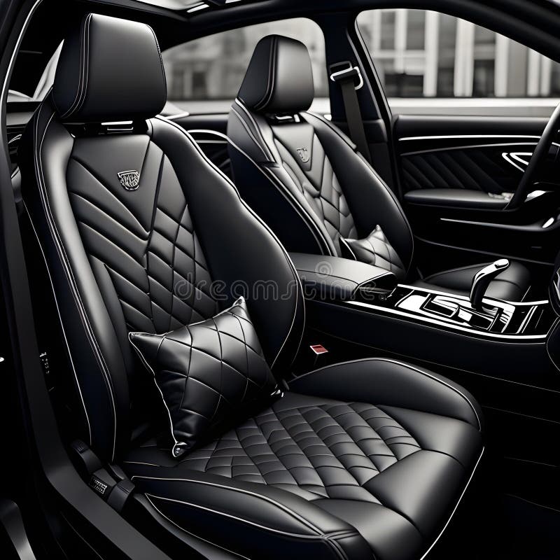 Modern Luxury Car Interior. Black Leather Seats with Pillows Stock ...