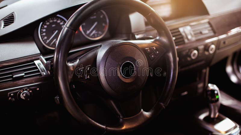Modern Luxury Car Interior - Steering Wheel, Shift Lever and Dashboard ...