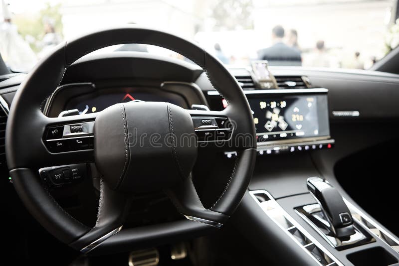 Modern Luxury Car Interior - Steering Wheel, Shift Lever and Dashboard ...