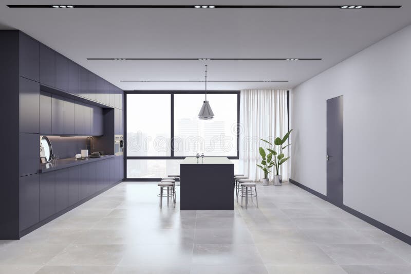 Modern Luxury Kitchen Interior with Concrete Flooring and Window with ...