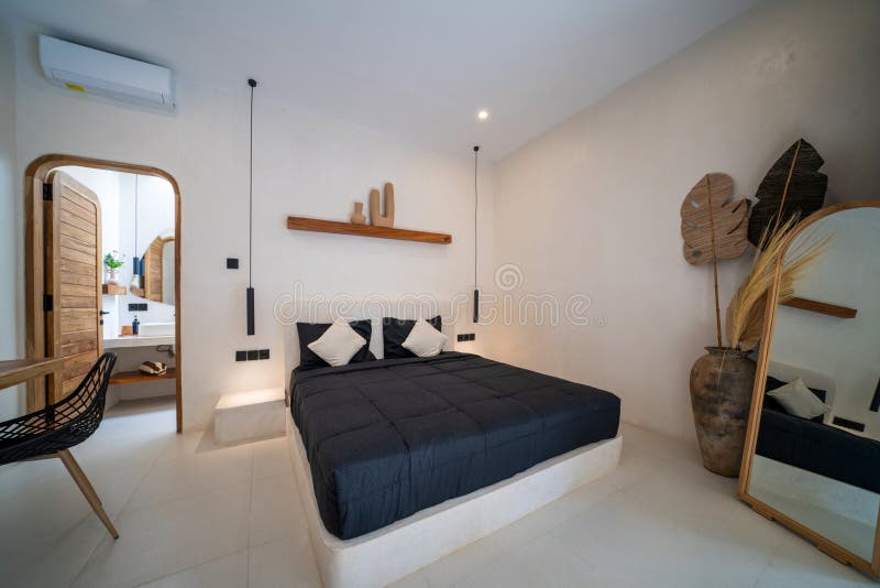 Modern and Luxury Decorated Sleeping Room. Black Sheets Bedroom Stock ...
