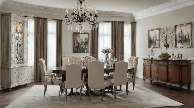 Modern Luxury Dining Table with Upholstered Chairs, a Crystal ...