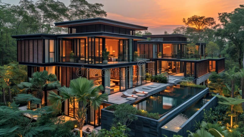 Modern Luxury Glass-Fronted Villa with Infinity Pool at Sunset in ...