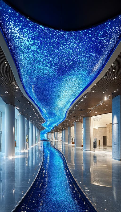 Modern Luxury Hallway with Impressive Shining Blue Ceiling and River ...