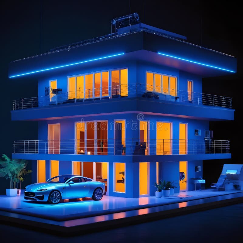 Modern Luxury Home with Blue Neon Lights. Stock Illustration ...