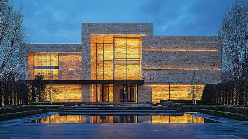 Modern Luxury Home at Dusk, Illuminated Stone Facade, Reflecting Pool ...
