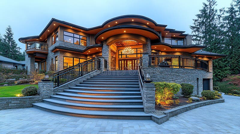 Modern Luxury Home Exterior with Grand Staircase and Stone Facade Stock ...