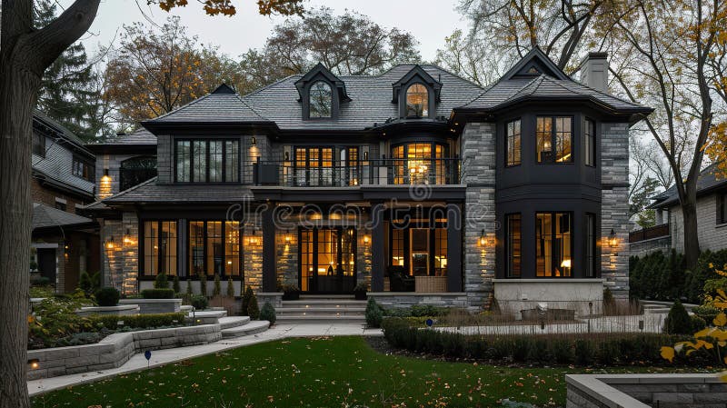 Modern Luxury Home Exterior with Stone Accents and Large Windows Stock ...