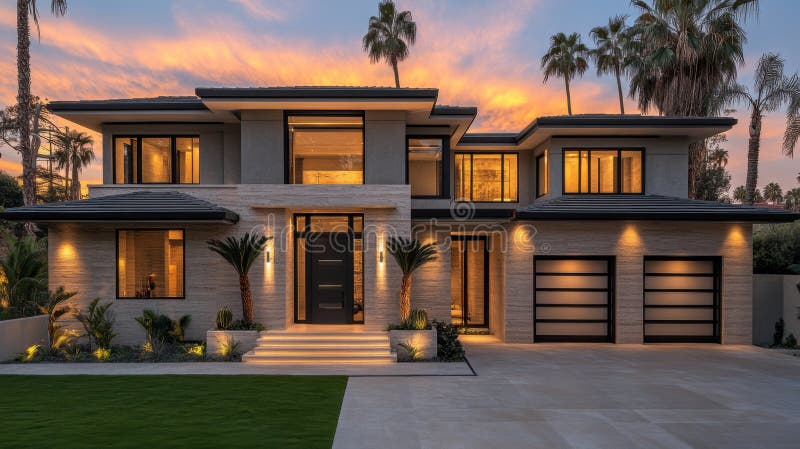 Modern Luxury Home Exterior at Sunset Stock Illustration - Illustration ...