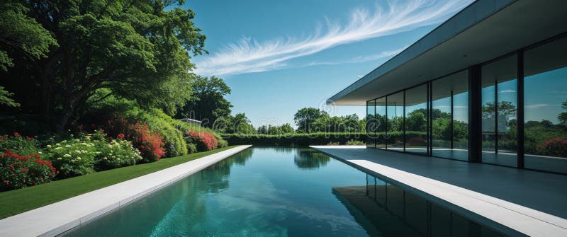 Modern Luxury Home with Infinity Pool and Lush Landscaping Stock Photo ...