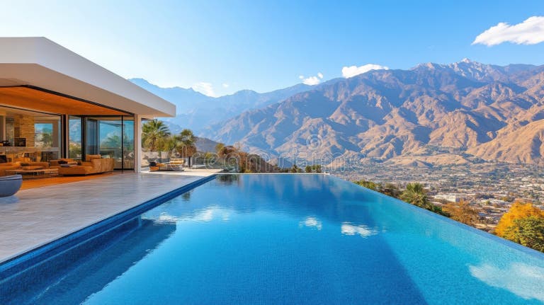 Modern Luxury Home with Infinity Pool and Mountain View Stock Photo ...
