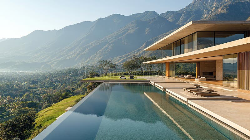 Modern Luxury Home with Infinity Pool Overlooking Mountains Stock ...