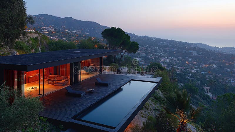 Modern Luxury Home with Infinity Pool Overlooking Scenic Valley at Dusk ...