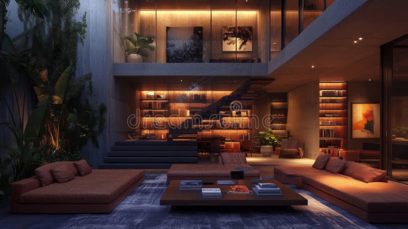 Modern Luxury Home Interior Design at Night with Warm Lighting Stock ...