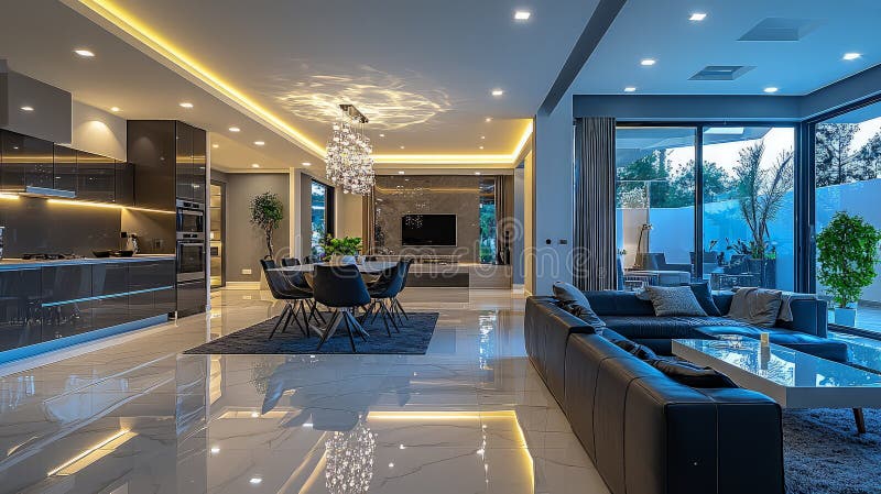 Modern Luxury Home Interior, Evening View, Spacious Living, Kitchen ...