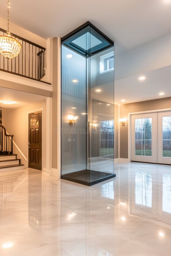 Modern Luxury Home Interior with Glass Elevator and Elegant Lighting Stock Image - Image of ...