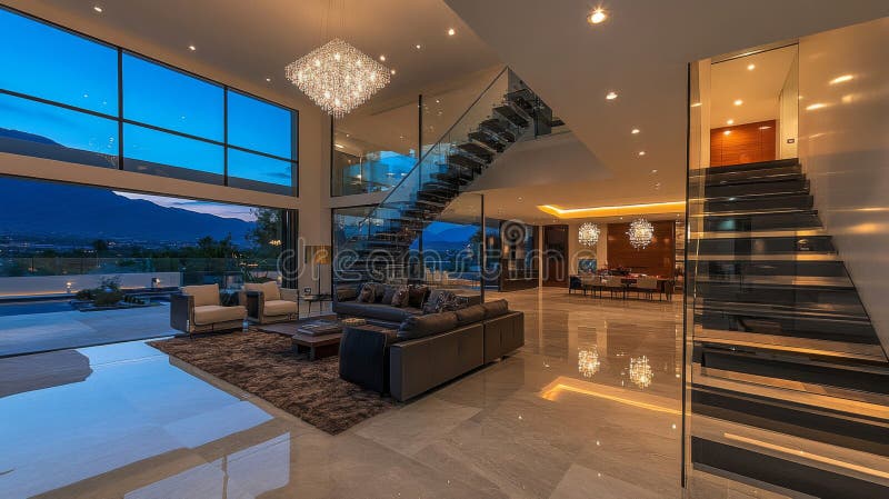 Modern Luxury Home Interior at Night with Mountain View Stock ...