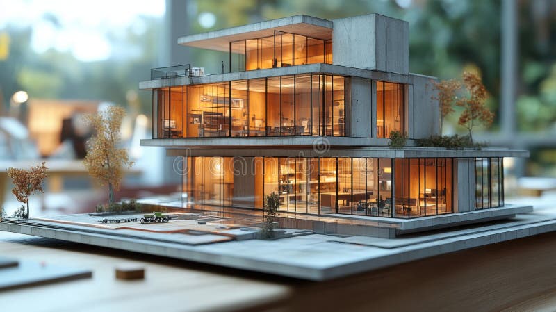 Modern Luxury Home Interior with Reflective Floor and Nature View Stock ...