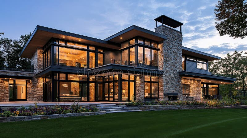 Modern Luxury Home with Large Windows and Stone Exterior in Scenic ...