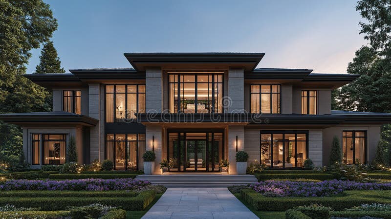 Modern Luxury Home with Large Windows and Stone Facade Stock ...