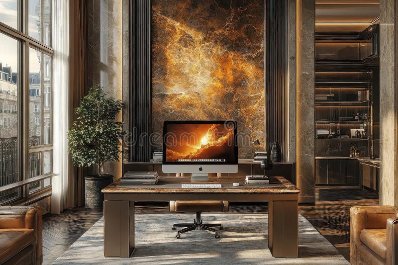 Modern Luxury Home Office Design with Stunning Marble Wall and Large ...