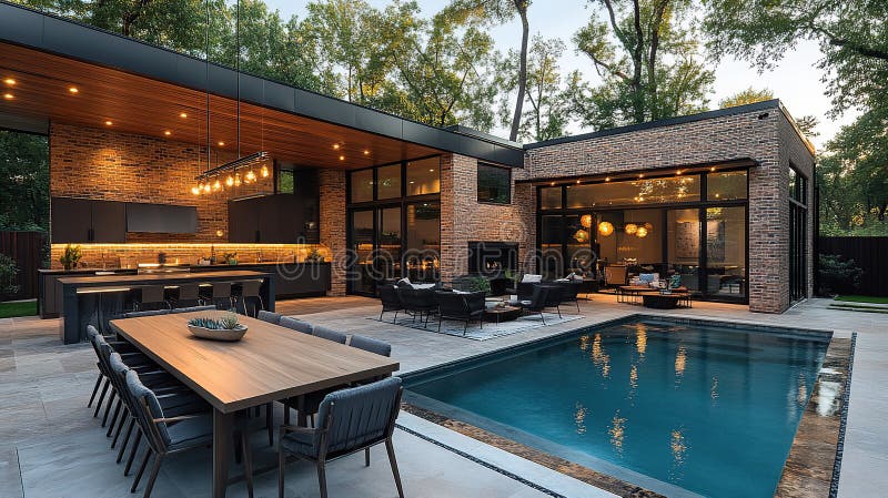 Modern Luxury Home with Outdoor Kitchen, Pool, and Dining Area at Dusk ...