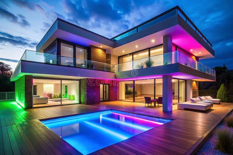 Modern Luxury Home with Pool and Colorful LED Lighting at Night Stock ...