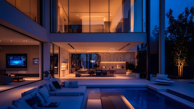 Modern Luxury Home with Pool at Night Featuring Elegant Indoor and ...