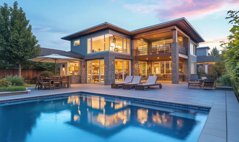Modern Luxury Home with Pool and Outdoor Seating at Sunset Stock Image ...