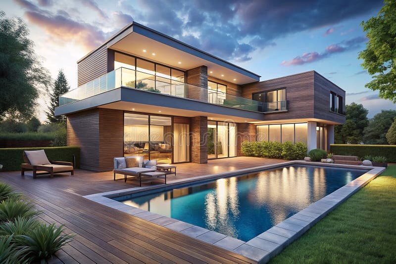 Modern Luxury Home with Pool at Sunset Stock Image - Image of ...